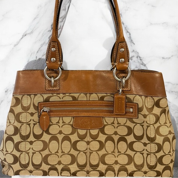 Coach | Bags | Coach Signature Penelope Carryall Tote Brown Jacquard ...